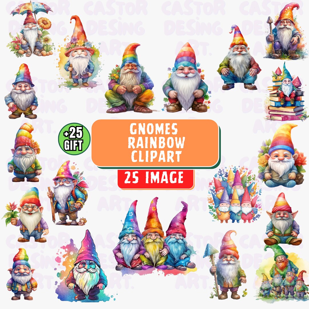 Rainbow Ggome Watercolor Clipart, Fantasy Gnome Art for Digital ...