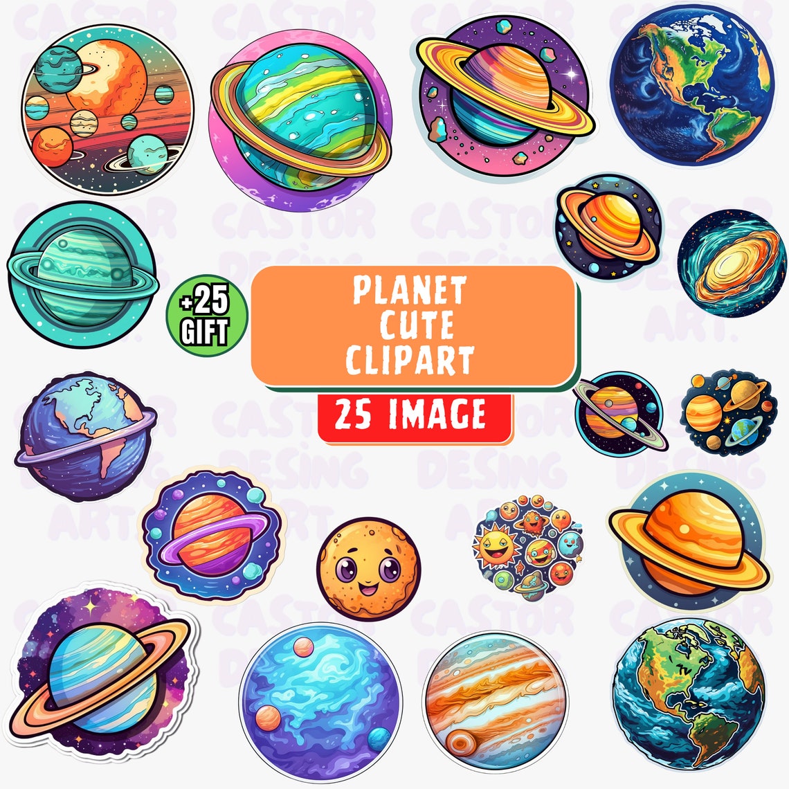 Planet Cute Clipart Planet & Asteroids Watercolor Clipart - Etsy