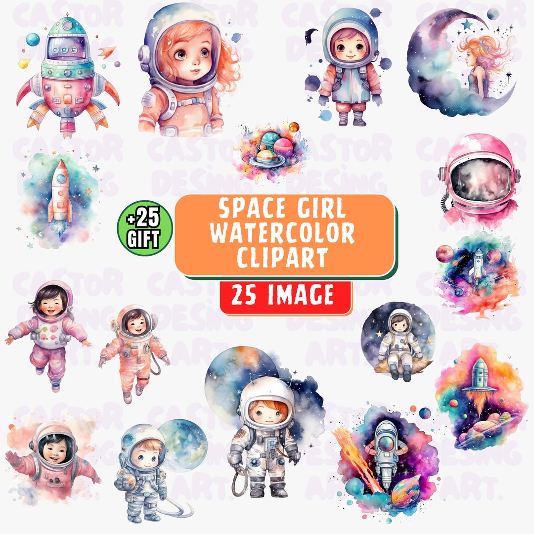 Space Girl Watercolor Clipart, Girly Space Watercolor Clipart, Girl ...
