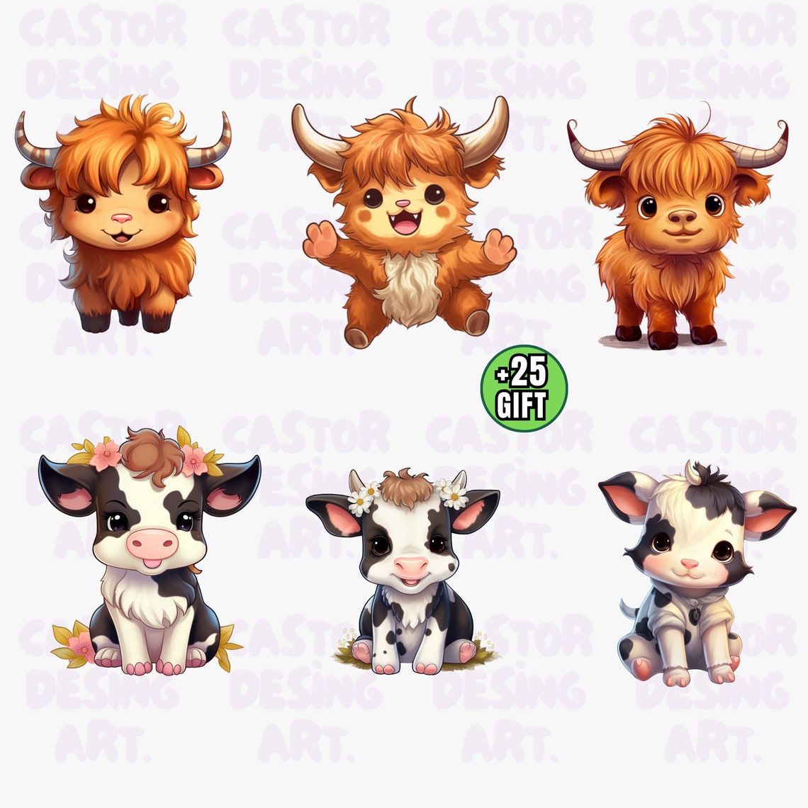 Cow Cute Clipart SET, Cute Cow PNG, Cow Clipart, Highland Baby Cow ...