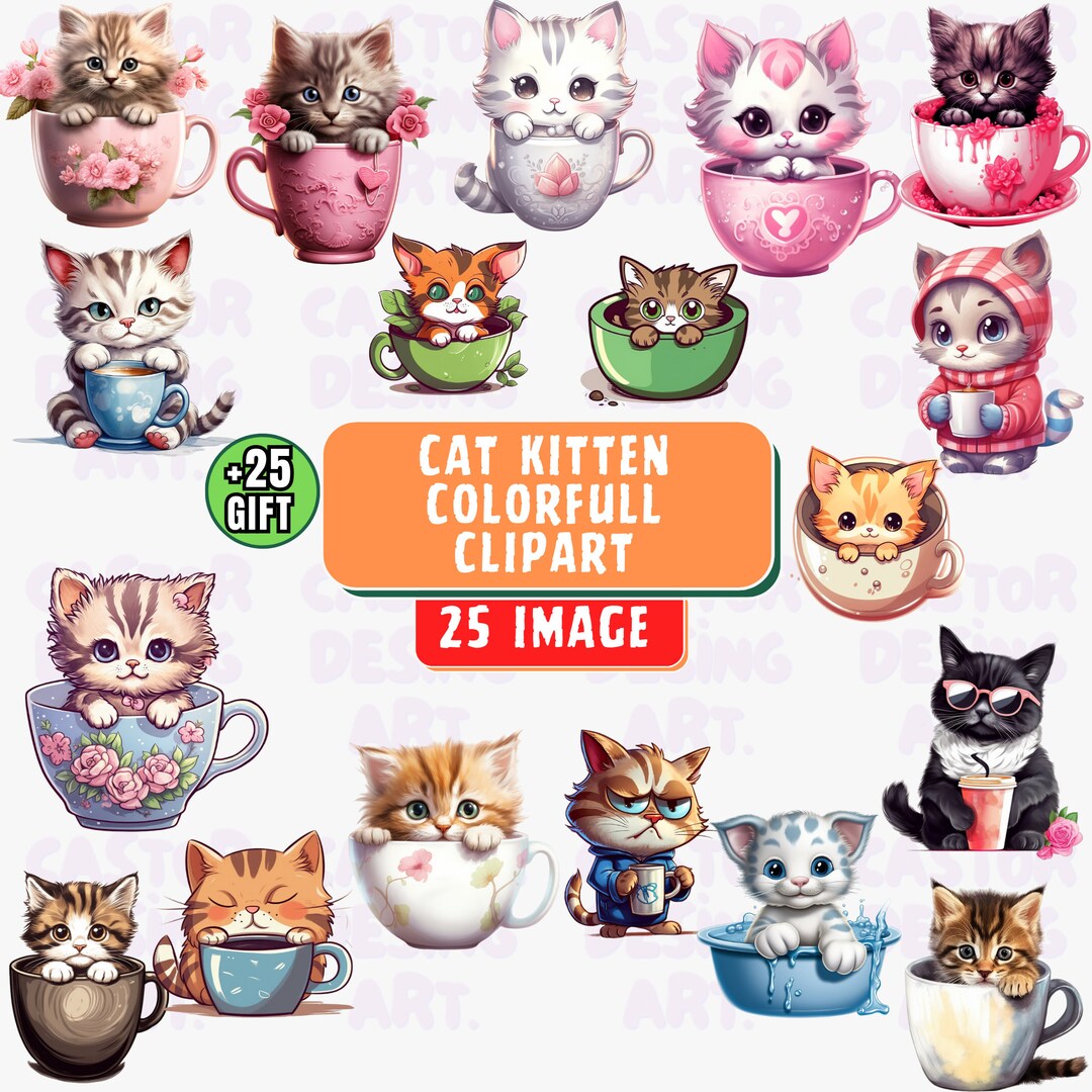 Cat Kitten Colorful Clipart, Kitten Clipart, Cat Clipart, Pet Clipart ...