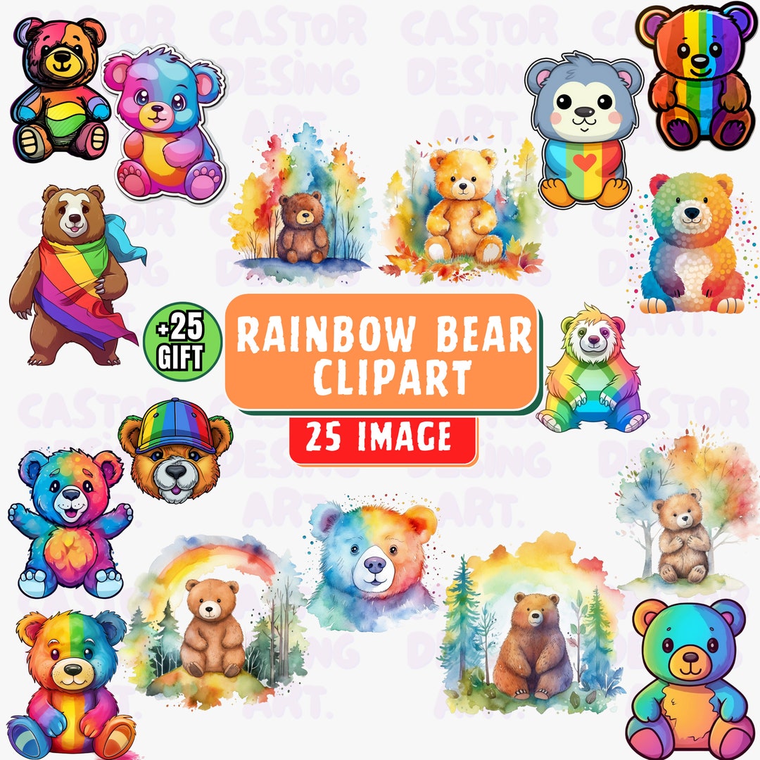Rainbow Bear Clipart, Watercolour Bright Rainbow Bears Clipart, Kawaii ...