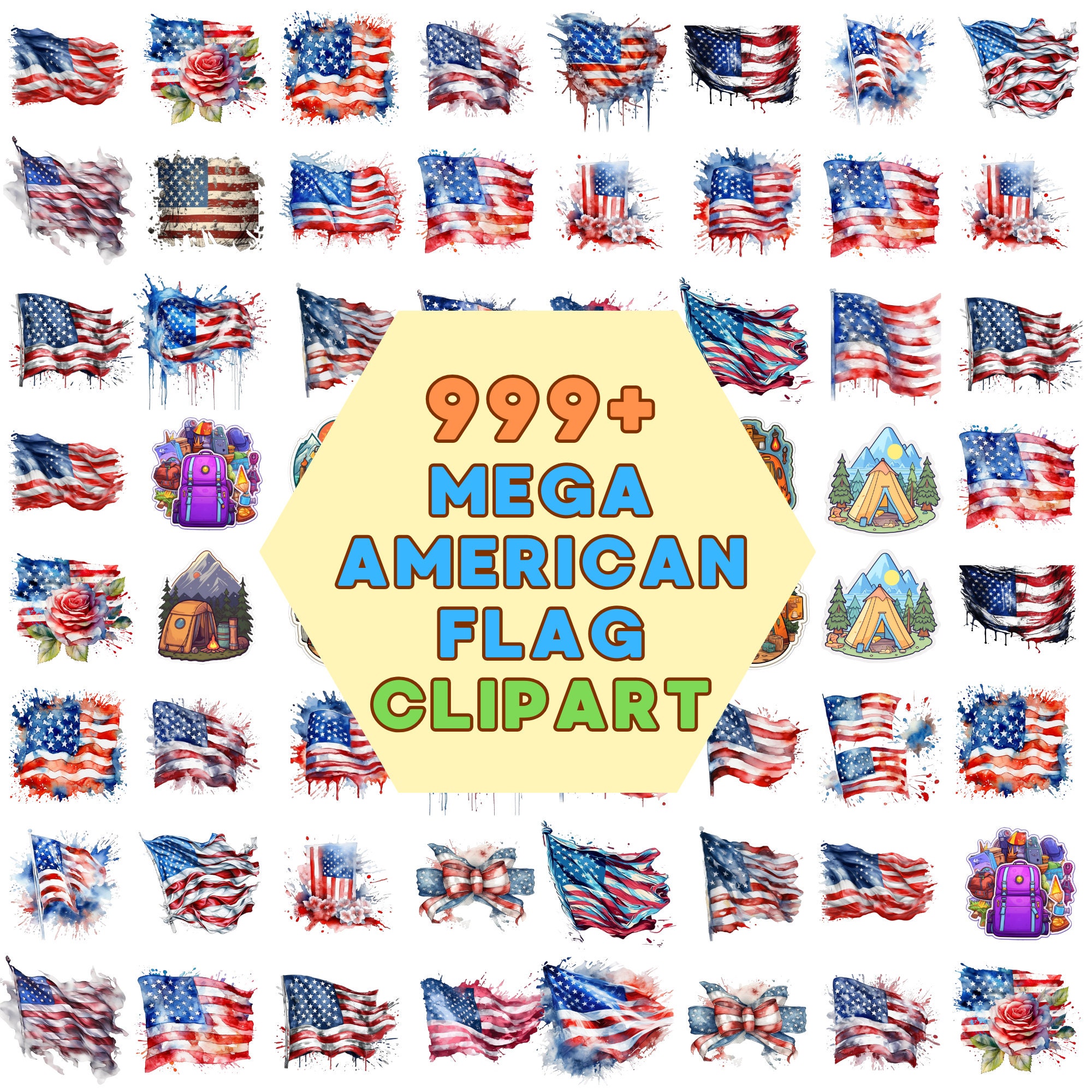 Watercolor American Flag Bundle Clipart, Watercolor Clipart, American ...