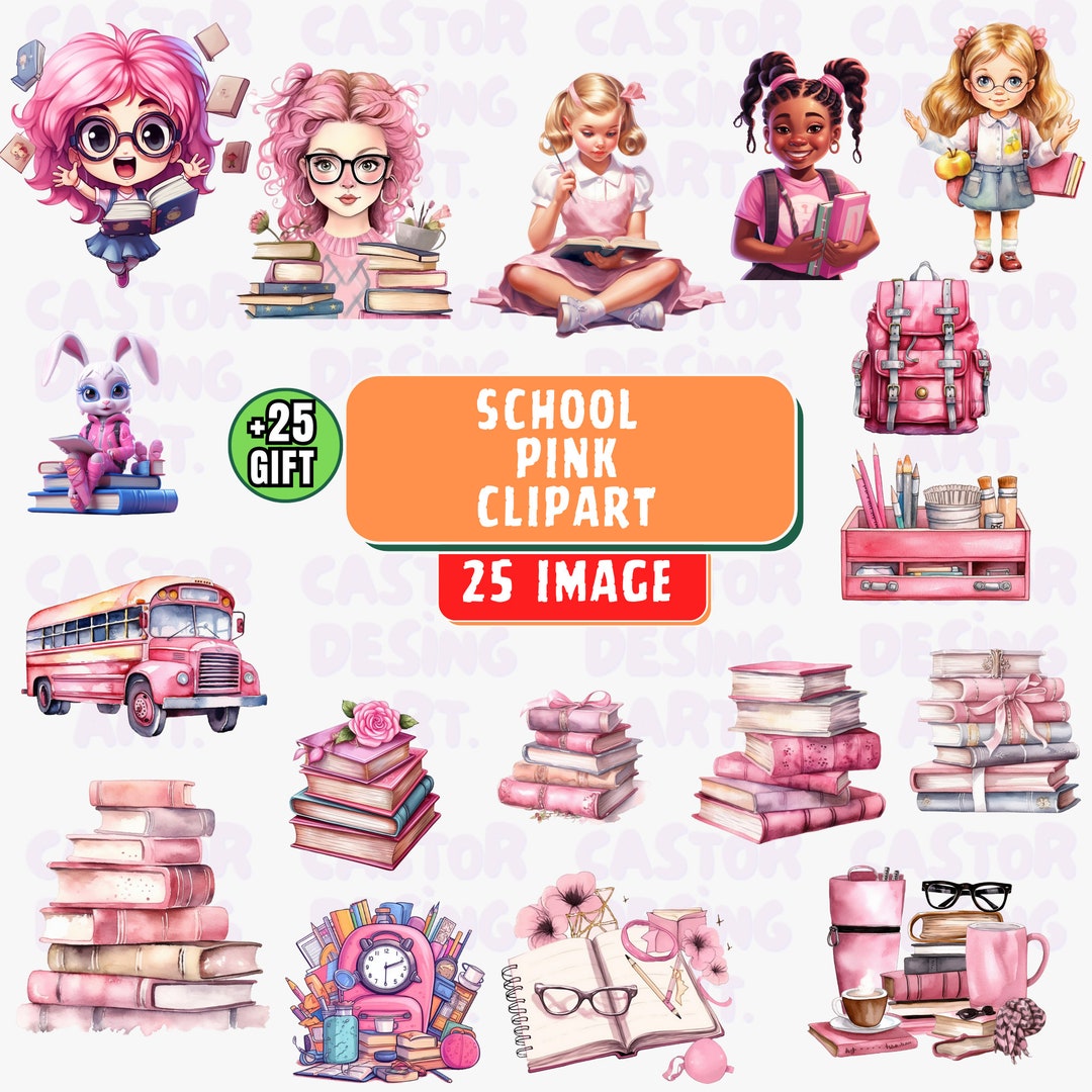 School Pink Watercolor Clipart, Back to School Cliparts, Pink School ...
