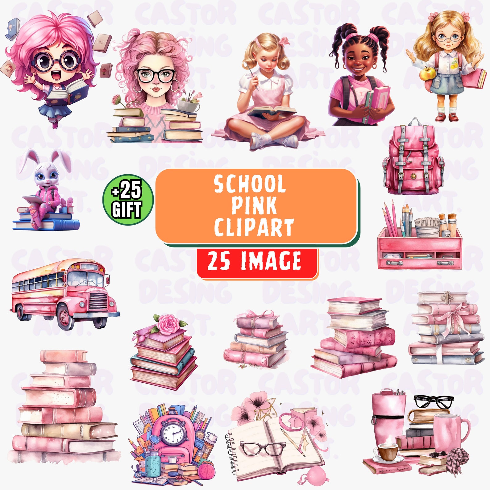 School Pink Watercolor Clipart, Back to School Cliparts, Pink School ...