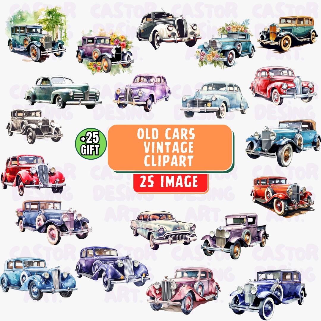 Vintage Cars Clipart, Classic Car Clipart, Scrapbooking, Junk Journal ...
