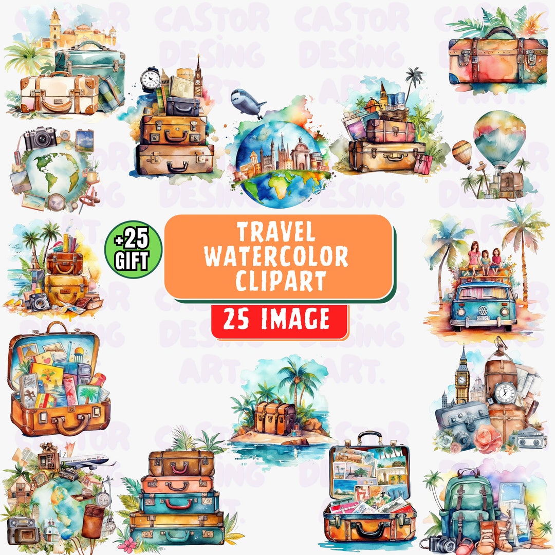 Travel Watercolor Clipart, Watercolor Travel Clipart, World Travel ...