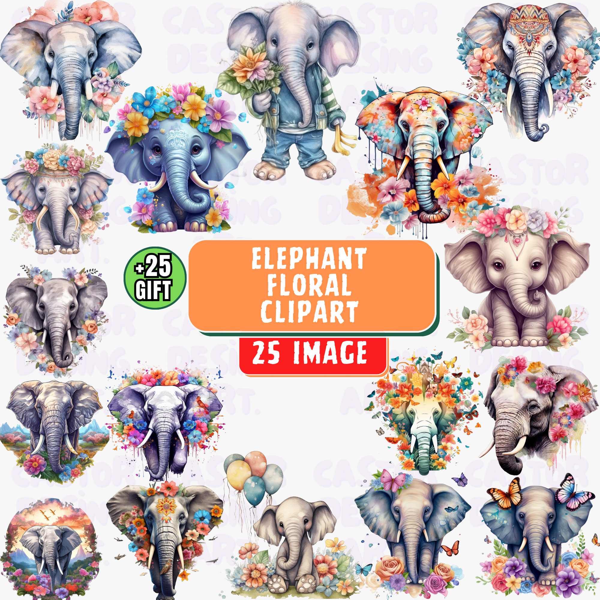 Floral Elephant Clipart Png Jungle Watercolor Animal Clipart - Etsy