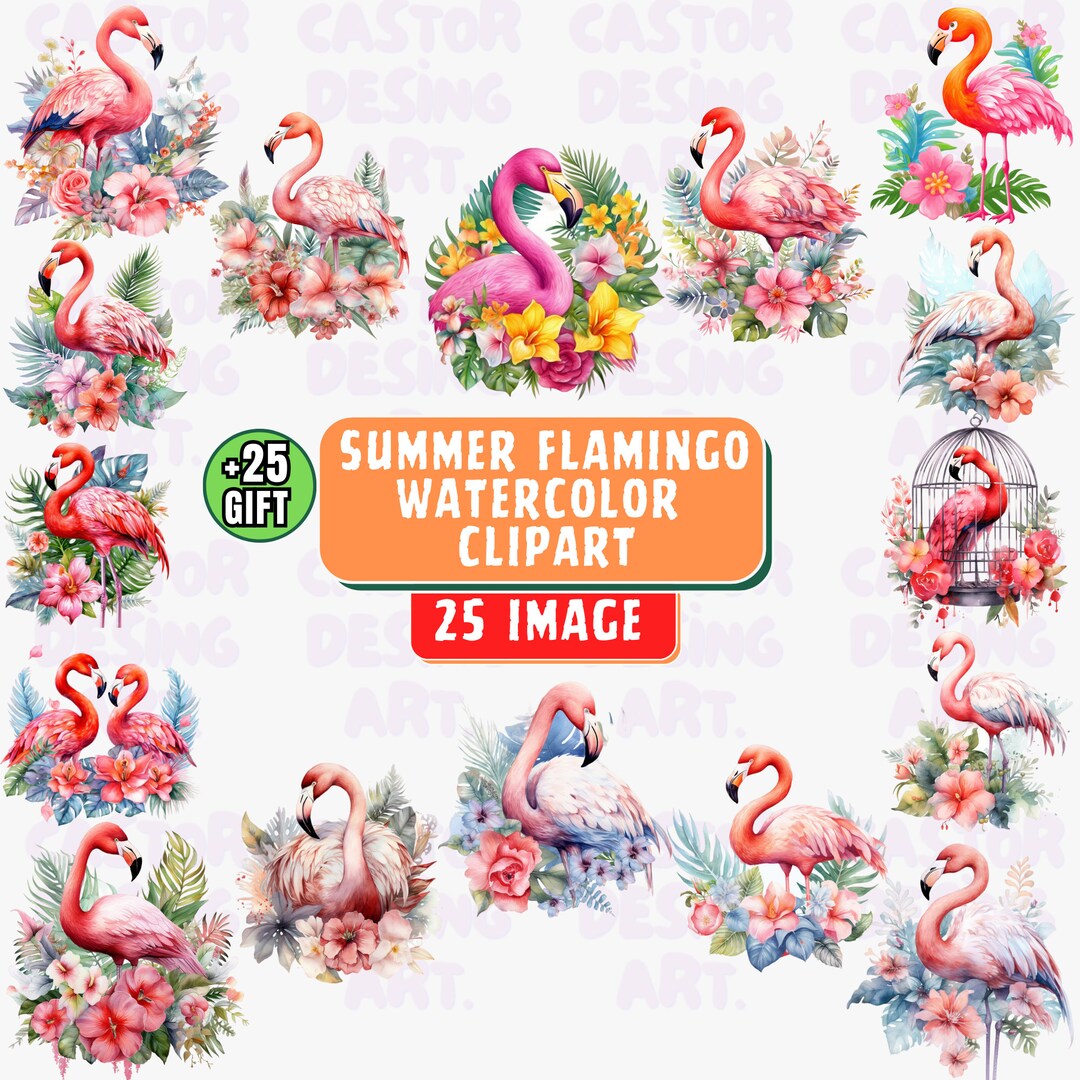 Tropical Summer Watercolor Clipart Bundle, Vibrant Flamingos, Exotic ...