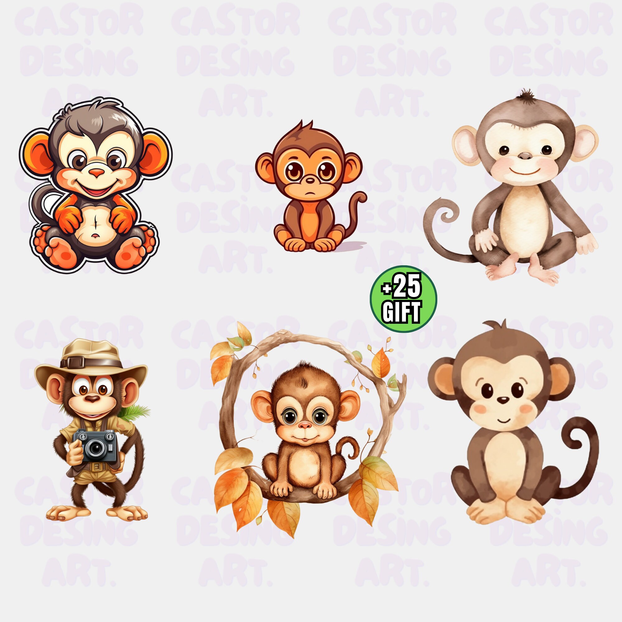 Monkey Watercolor Clipart Cute Monkey Baby Shower Graphics - Etsy