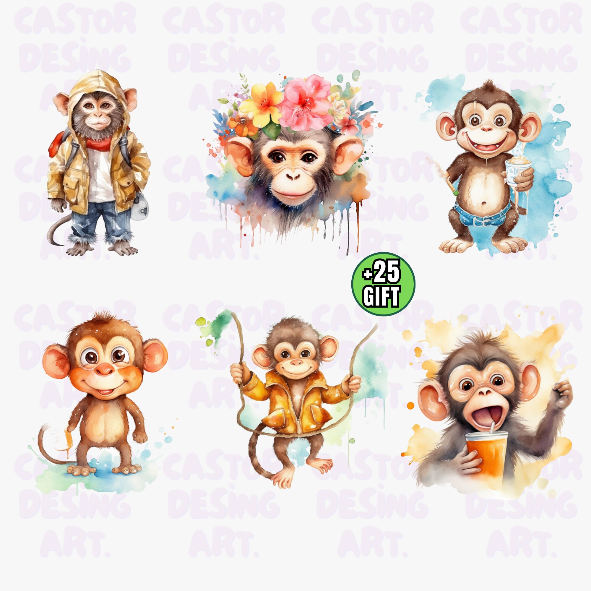 Baby Monkey Clipart Set in Transparent PNG Baby Monkey Watercolor ...