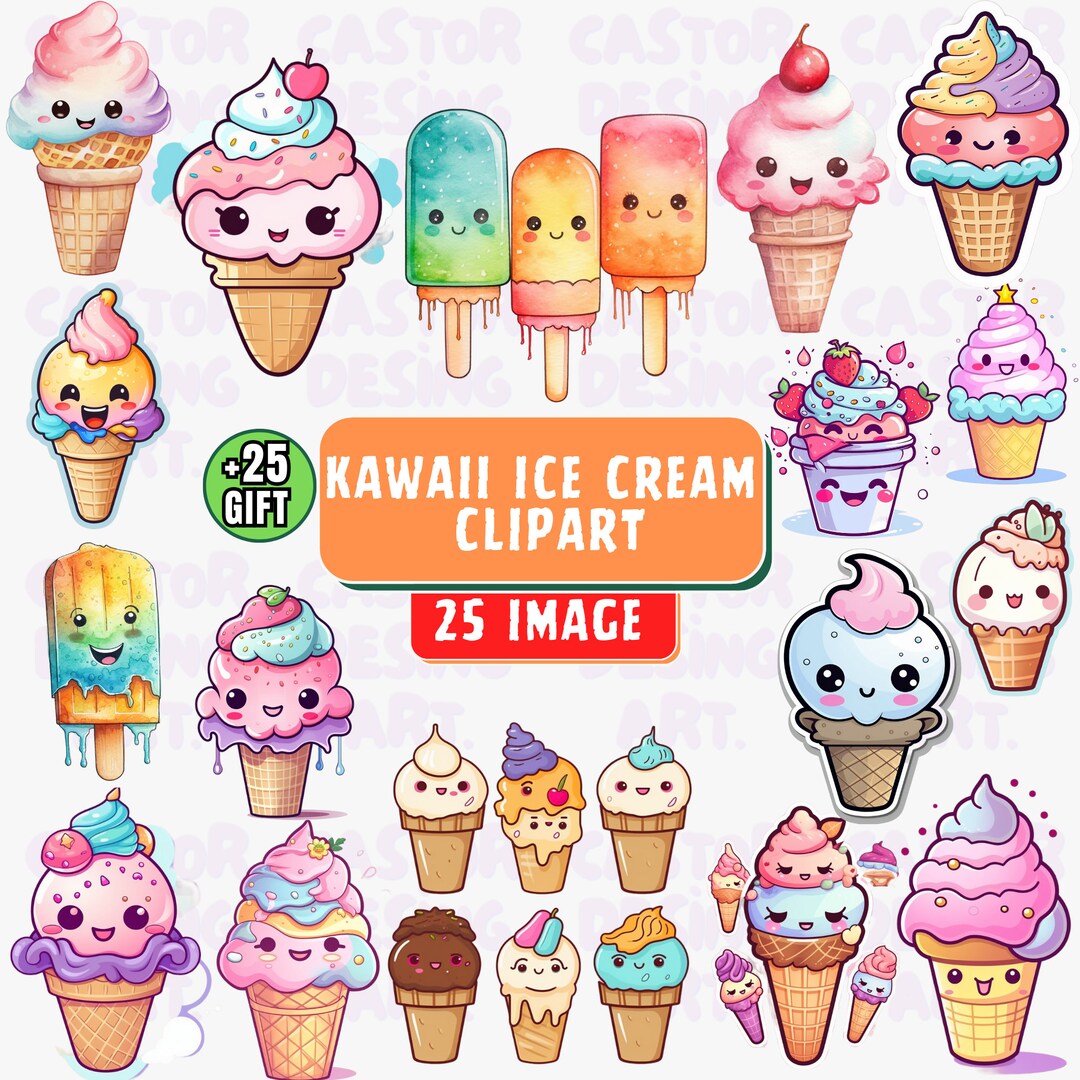 Kawaii Ice-cream Clipart Bundle, Watercolor Cute Icecream, Kawaii ...