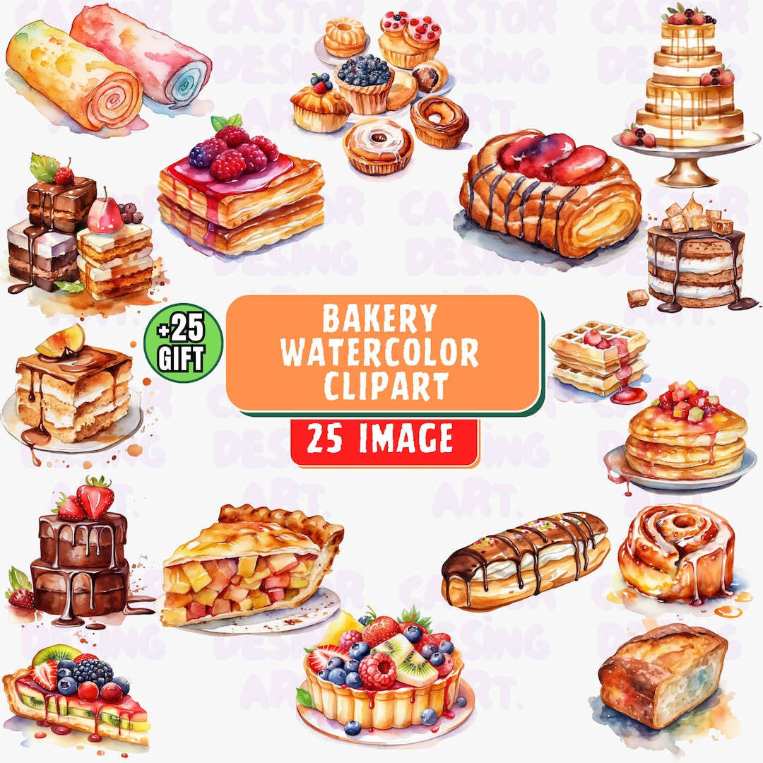 Bakeries Watercolor Clipart Bundle, Bakery Images, Sweet Treat Graphics ...