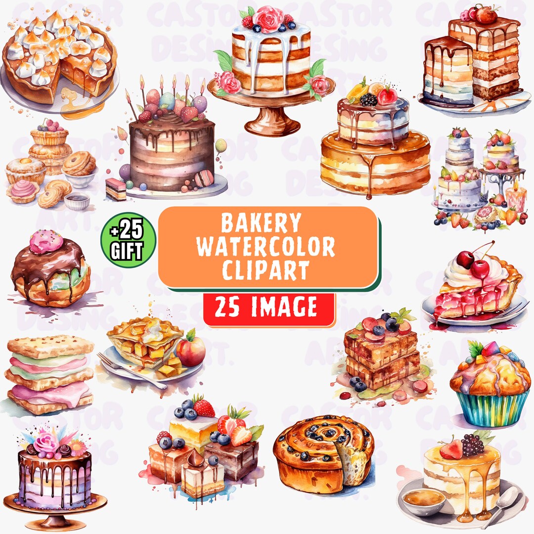 Bakery Watercolor Clipart, Sweet Treats Watercolor Clipart Bundle ...