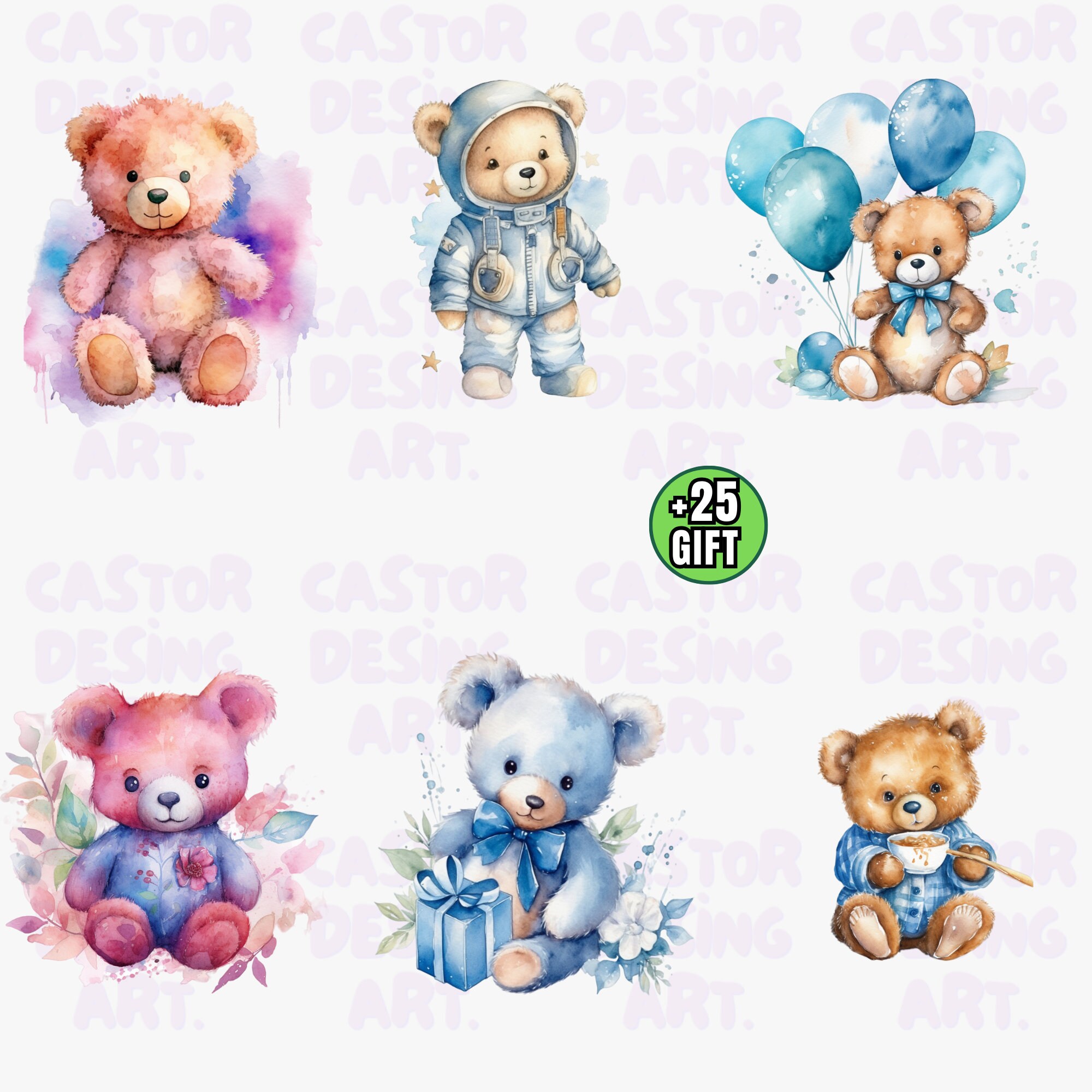 Watercolor Teddy Bear Clip Art Clipart Pack Watercolor Baby - Etsy