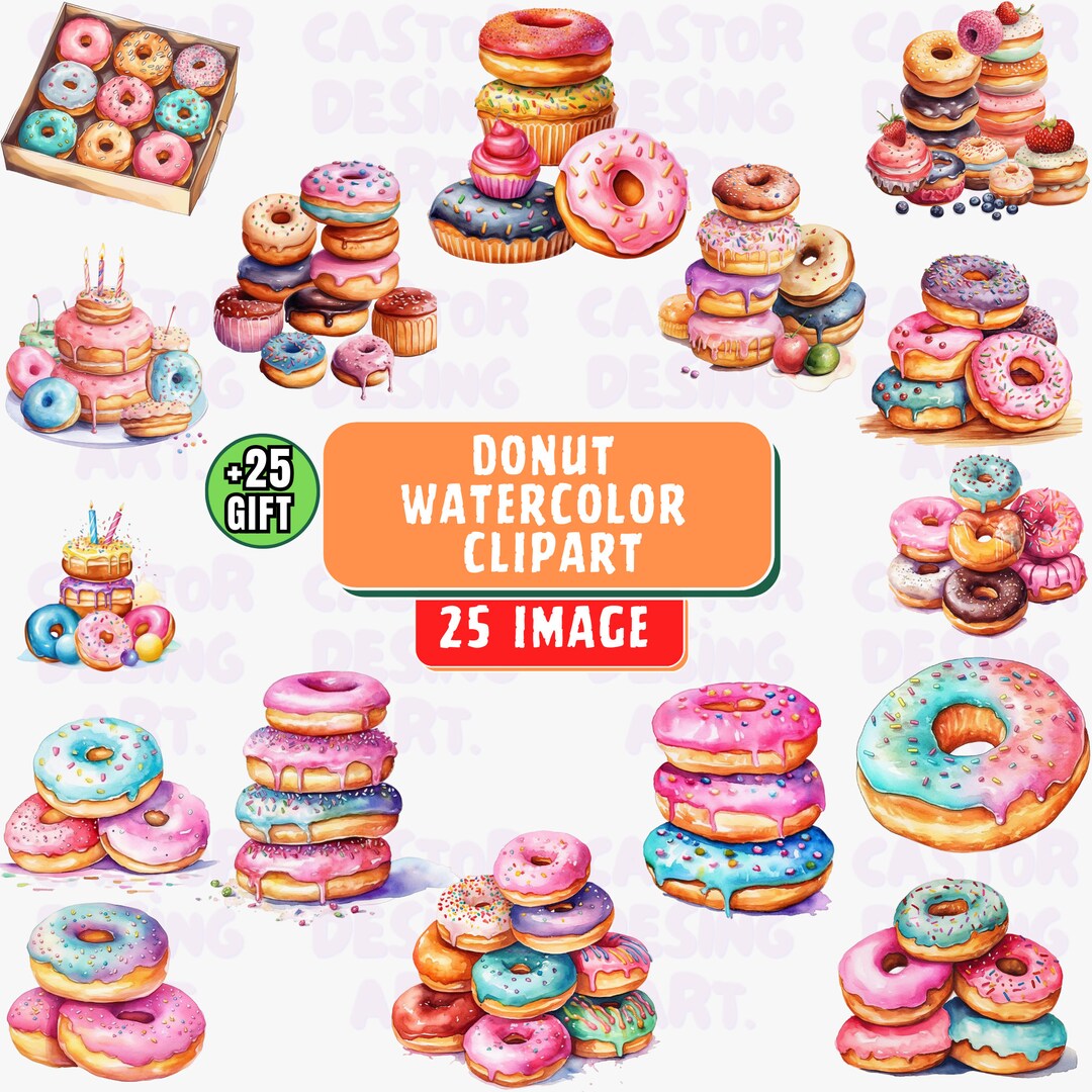 Donut Watercolor Clipart, Sweet Bakery Food Clipart, Donut Birthday ...