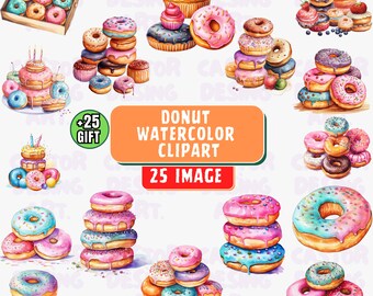 Watercolor Donuts Clipart, Sweet Bakery Food Clipart, Donut Birthday ...