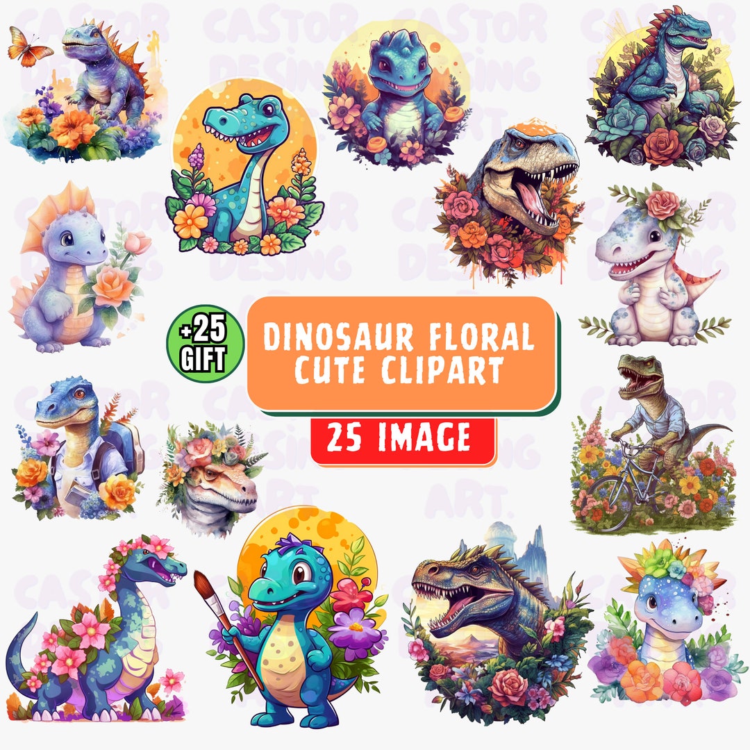 Floral Watercolor Dinosaur Clipart, Cute Dinosaur Clipart, Bundle ...