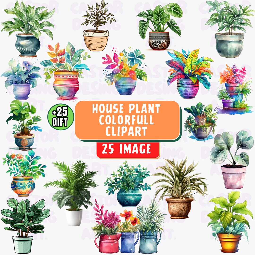 Colorful House Plants Potted Clipart, House Plant PNG, Watercolor House ...