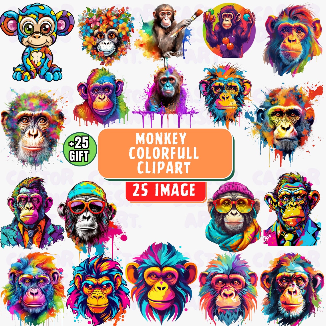 Colorful Monkey Clipart Png Cute Monkey Clipart Animal Wall - Etsy