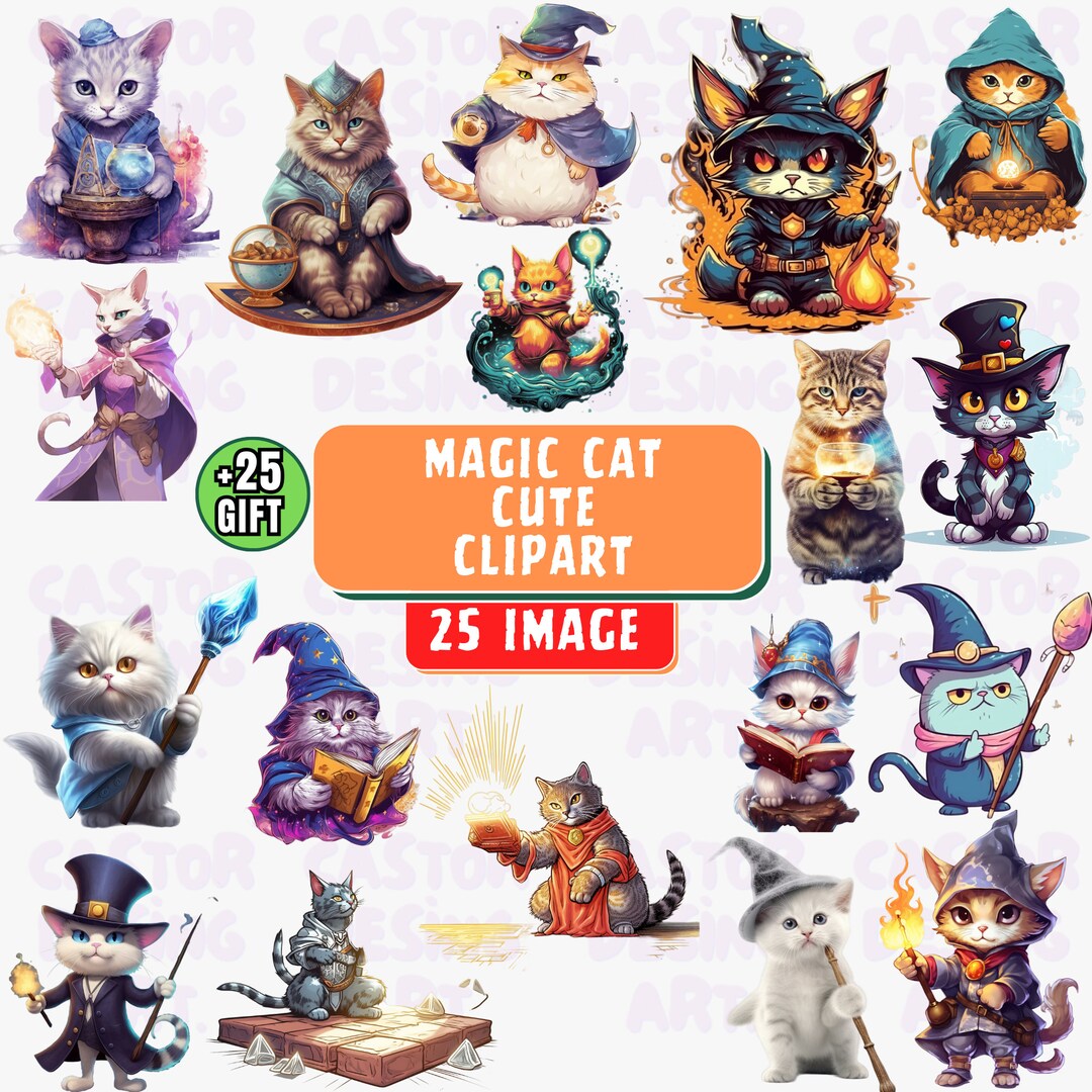 Cat Fantasy Magic Clipart, Watercolor Fantasy Black Cats Clipart, Black ...