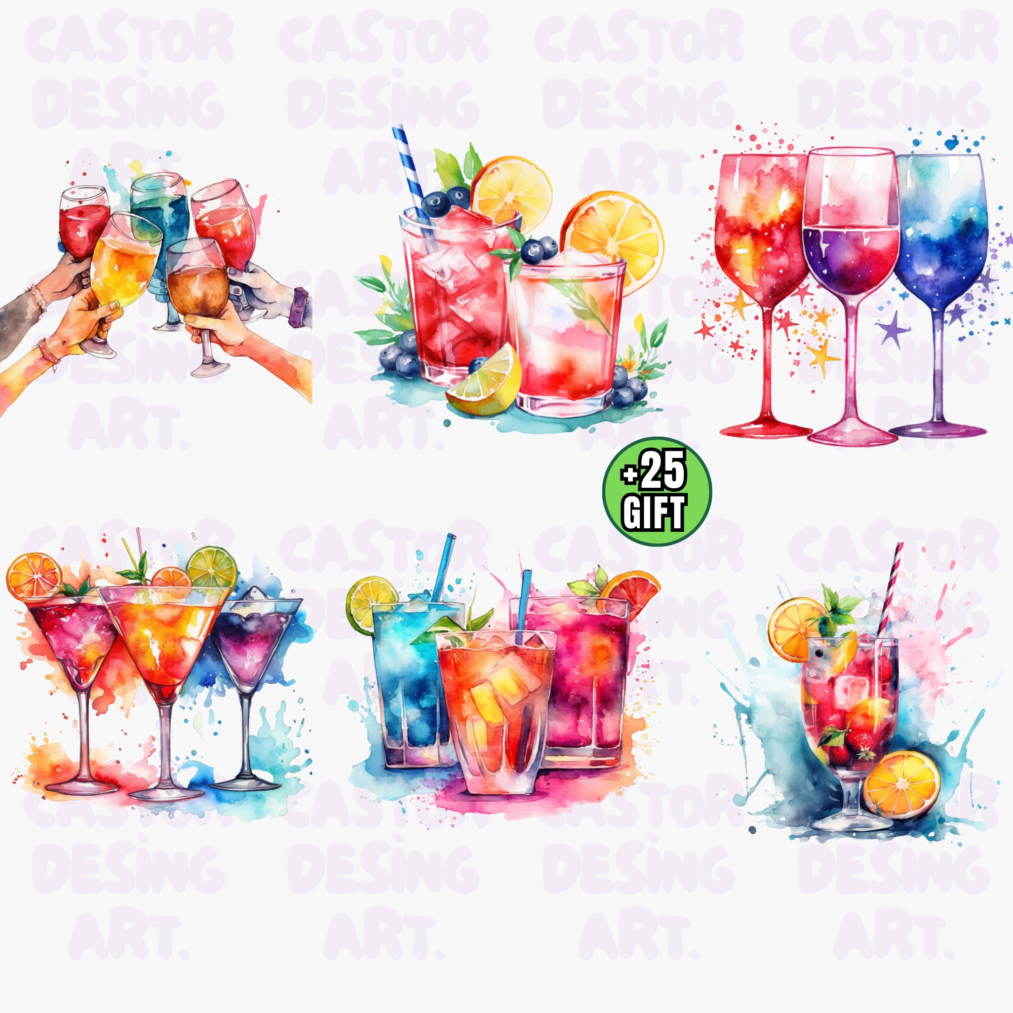 Watercolor Cocktails Clip Art Printable Cocktails Rainbow - Etsy