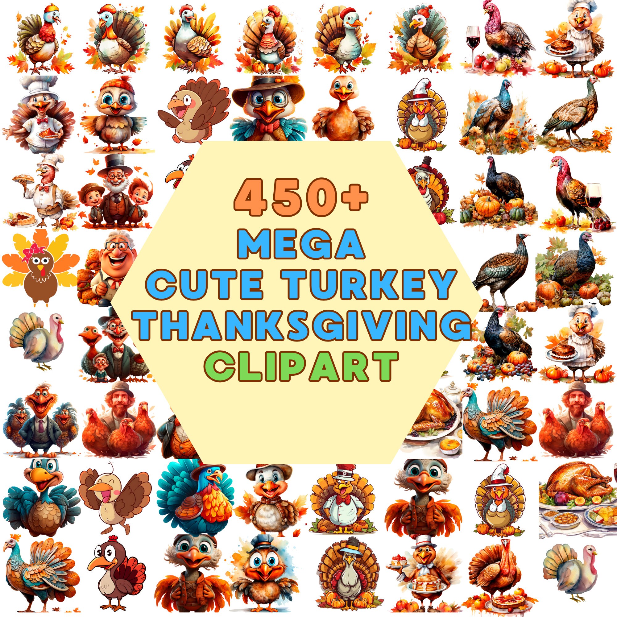 Cute Turkeys Vintage Watercolor Clipart Set, High Resolution ...