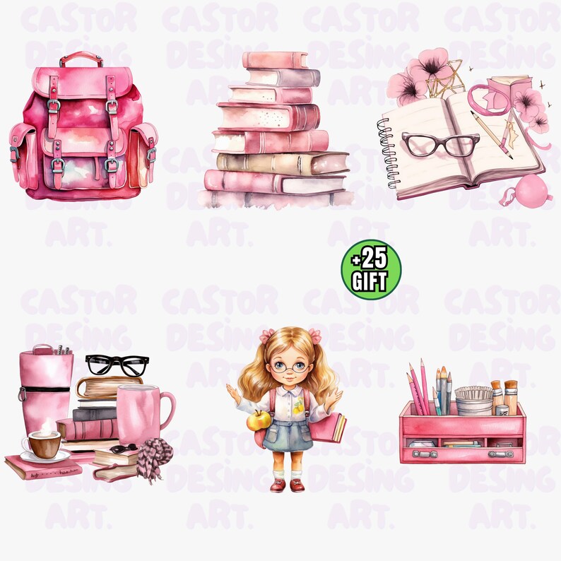 School Pink Watercolor Clipart, Back to School Cliparts, Pink School ...