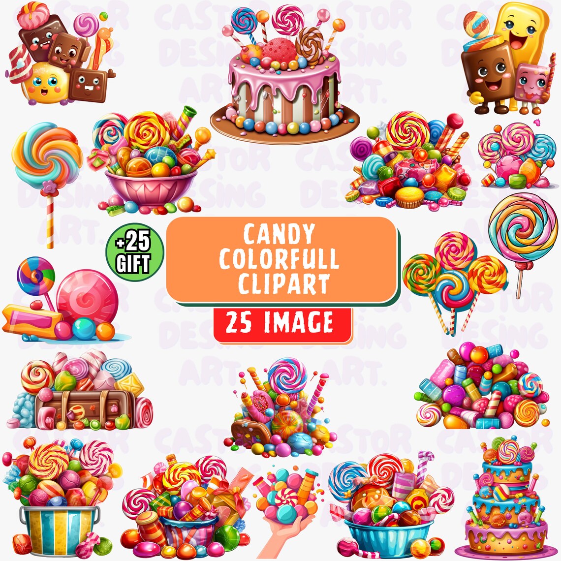Rainbow Sweets Watercolor Clipart, Fantasy Candies, Pastel Birthday ...