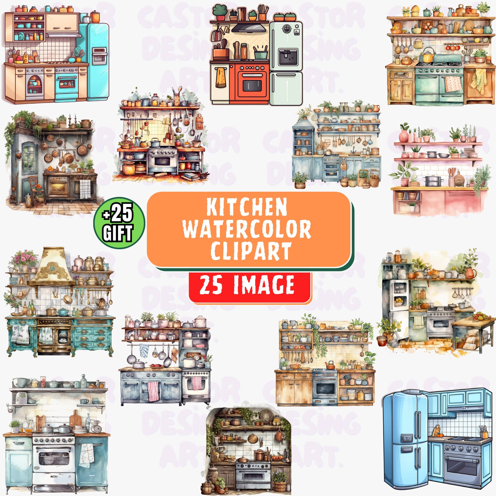 Watercolor Rustic Cooking Clipart Bundle Kitchen Clipart - Etsy