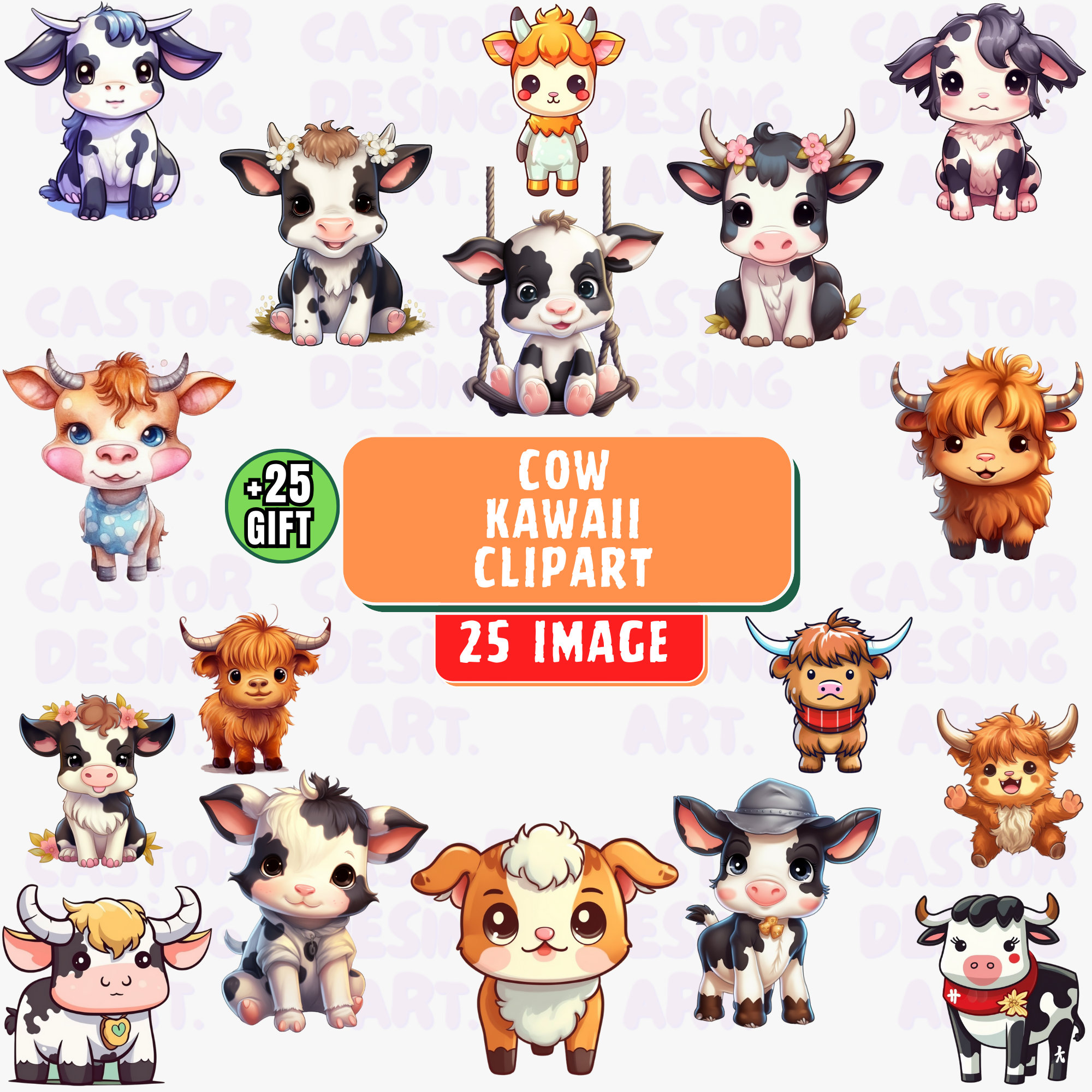 Cow Cute Clipart SET, Cute Cow PNG, Cow Clipart, Highland Baby Cow ...