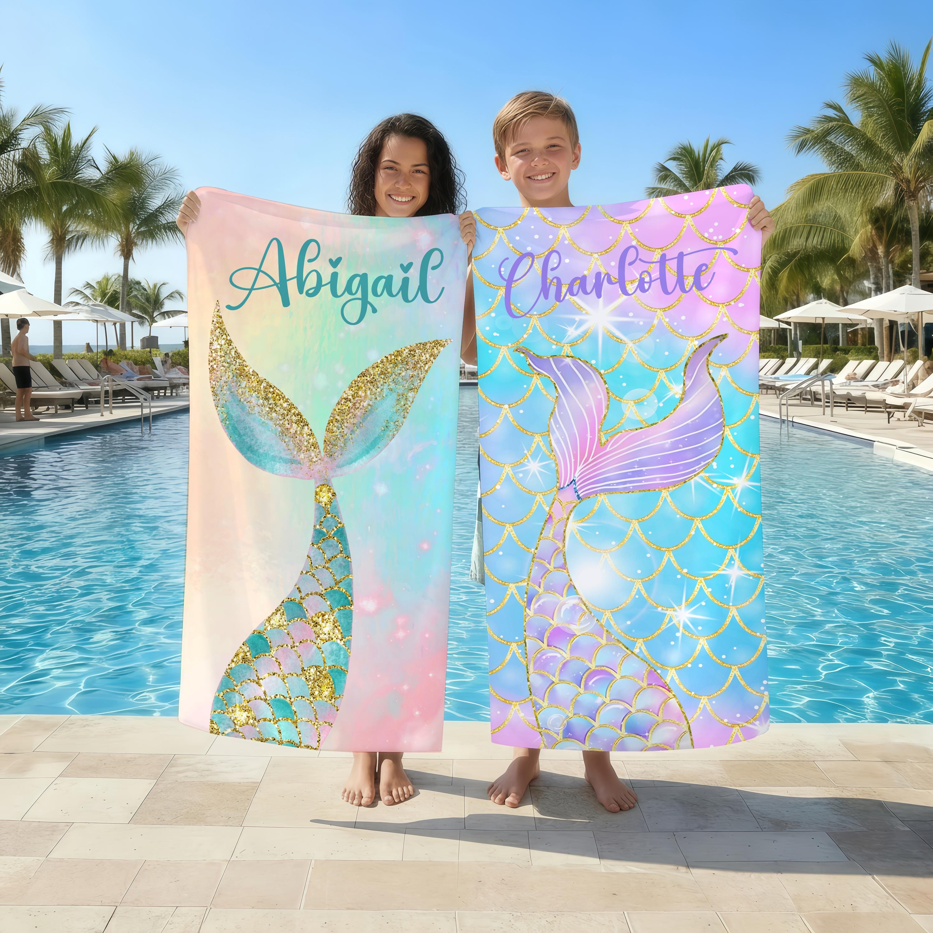 Mermaid Tail Custom Name Beach Towel, Mermaid Beach Towel for Kids ...