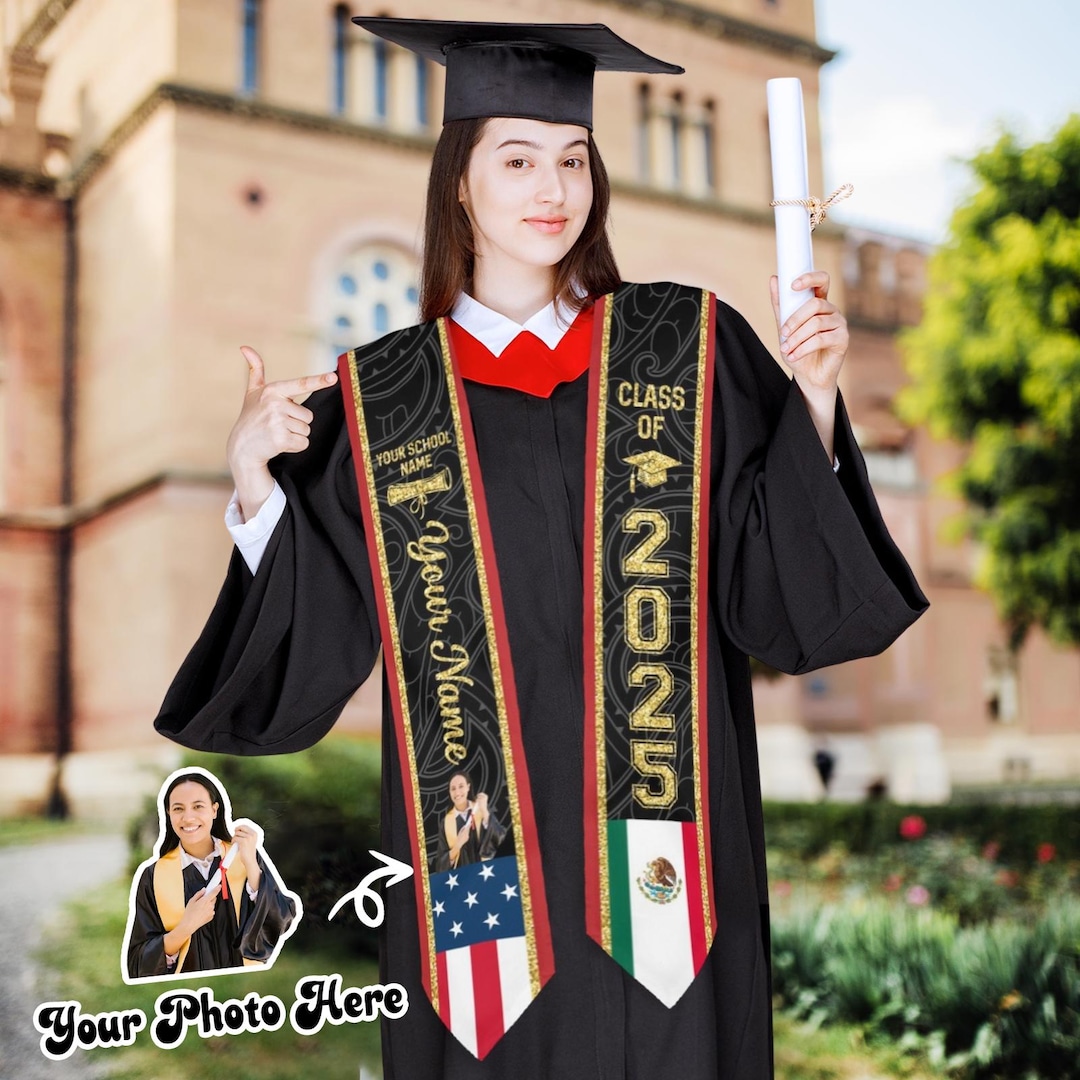 Custom Graduation Stole 2025, Personalized Mexican American Two Flags ...