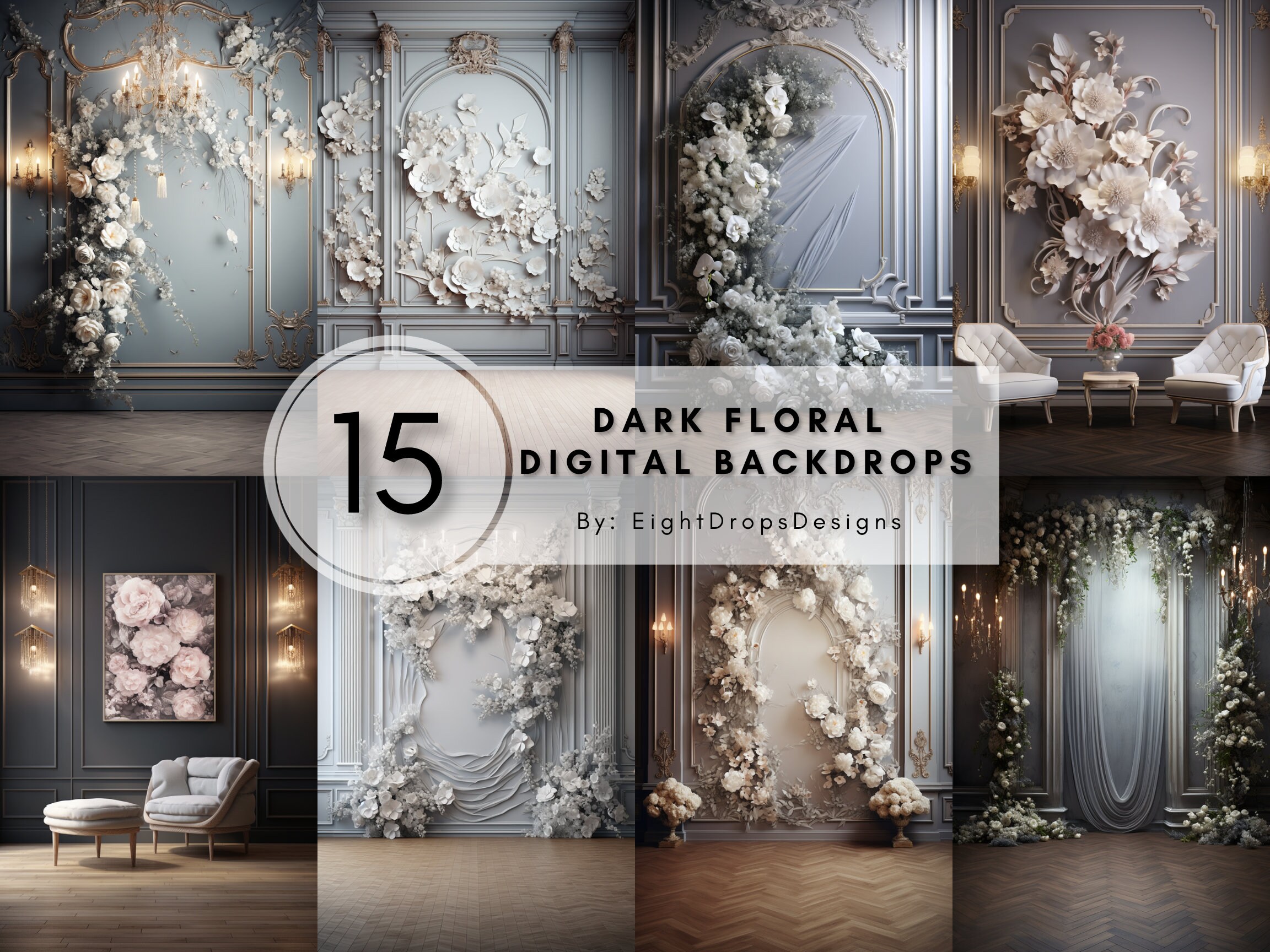 15 Digital Backdrops, Dark Floral Backdrop, Maternity Backdrop Overlays ...