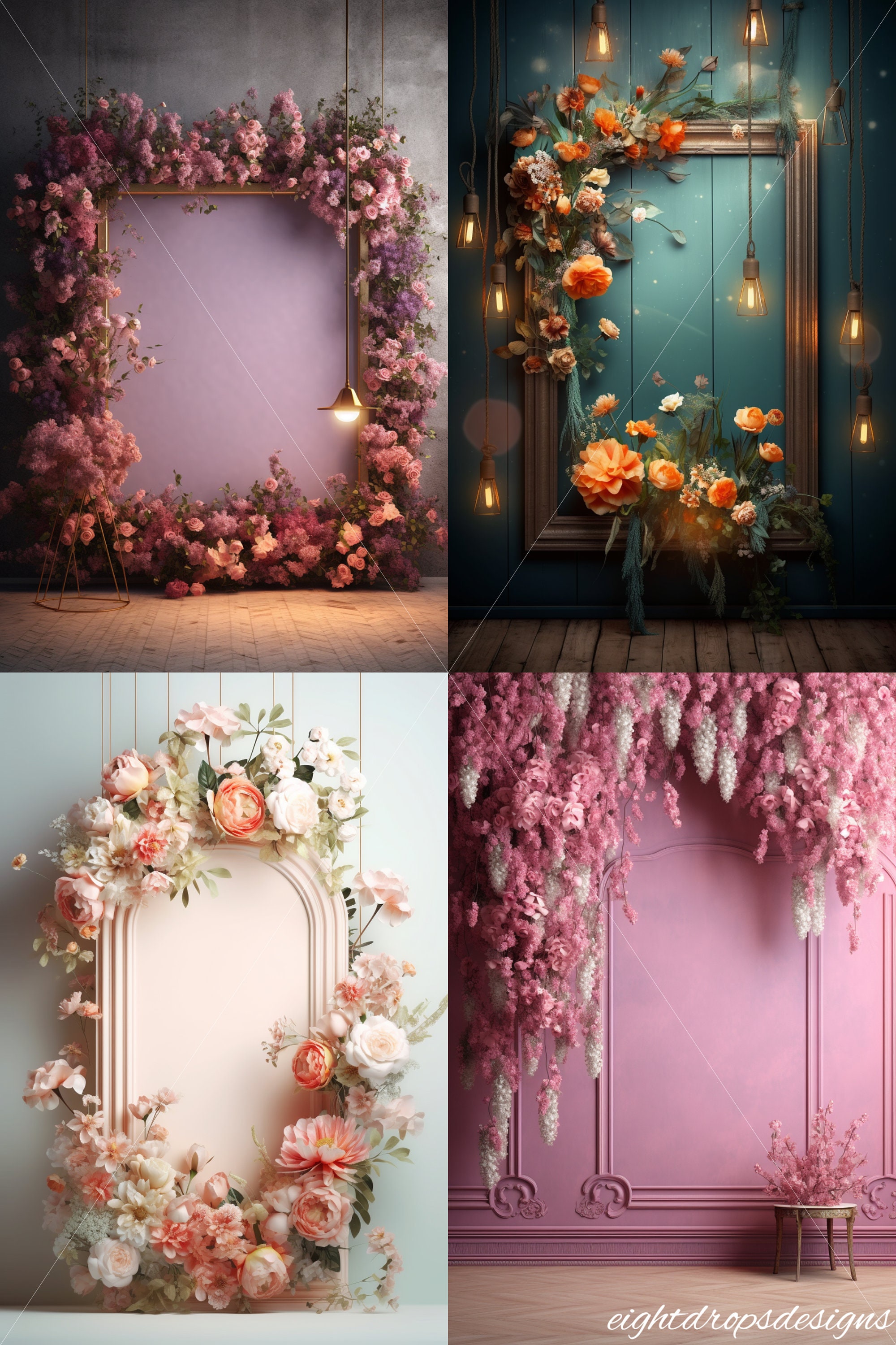 8 Digital Backdrops, Floral Frame Backdrop, Maternity Backdrop Overlays ...