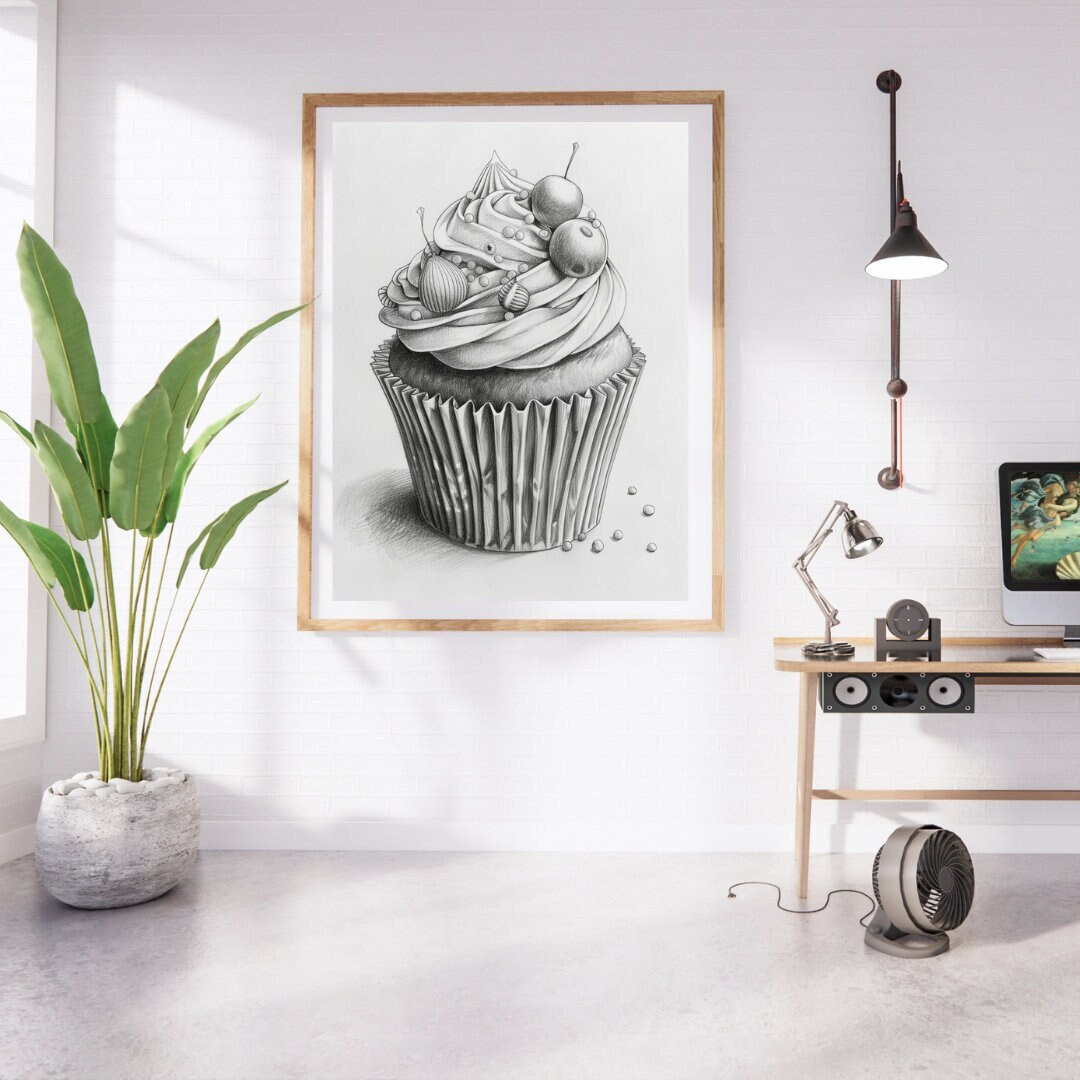 Cupcake Sketch Print, Cake Picture, Decorated Cupcake, Abstract Art ...