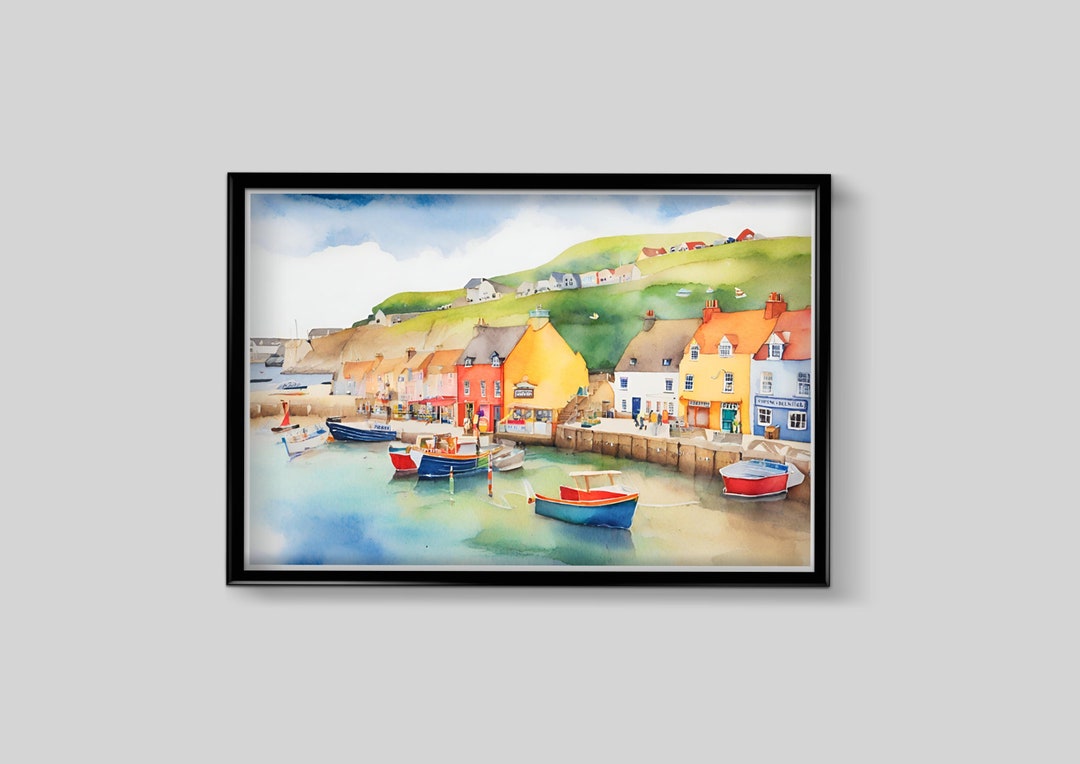 Seaside Print, Seaside Watercolour Print, Seaside Village Poster ...