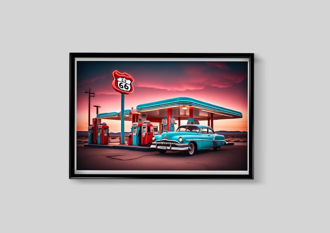 Route 66 Gas Station, Retro Car Prints, American Car Retro Poster ...