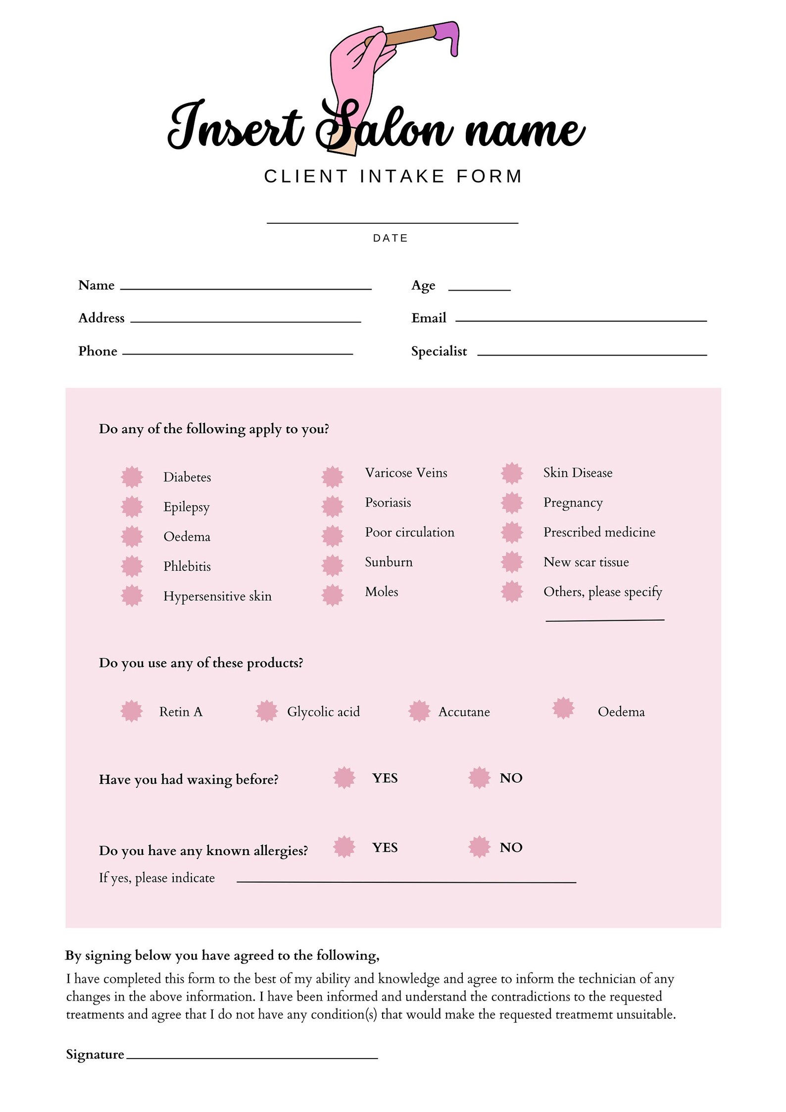 Waxing Intake Form (customizable) - Etsy