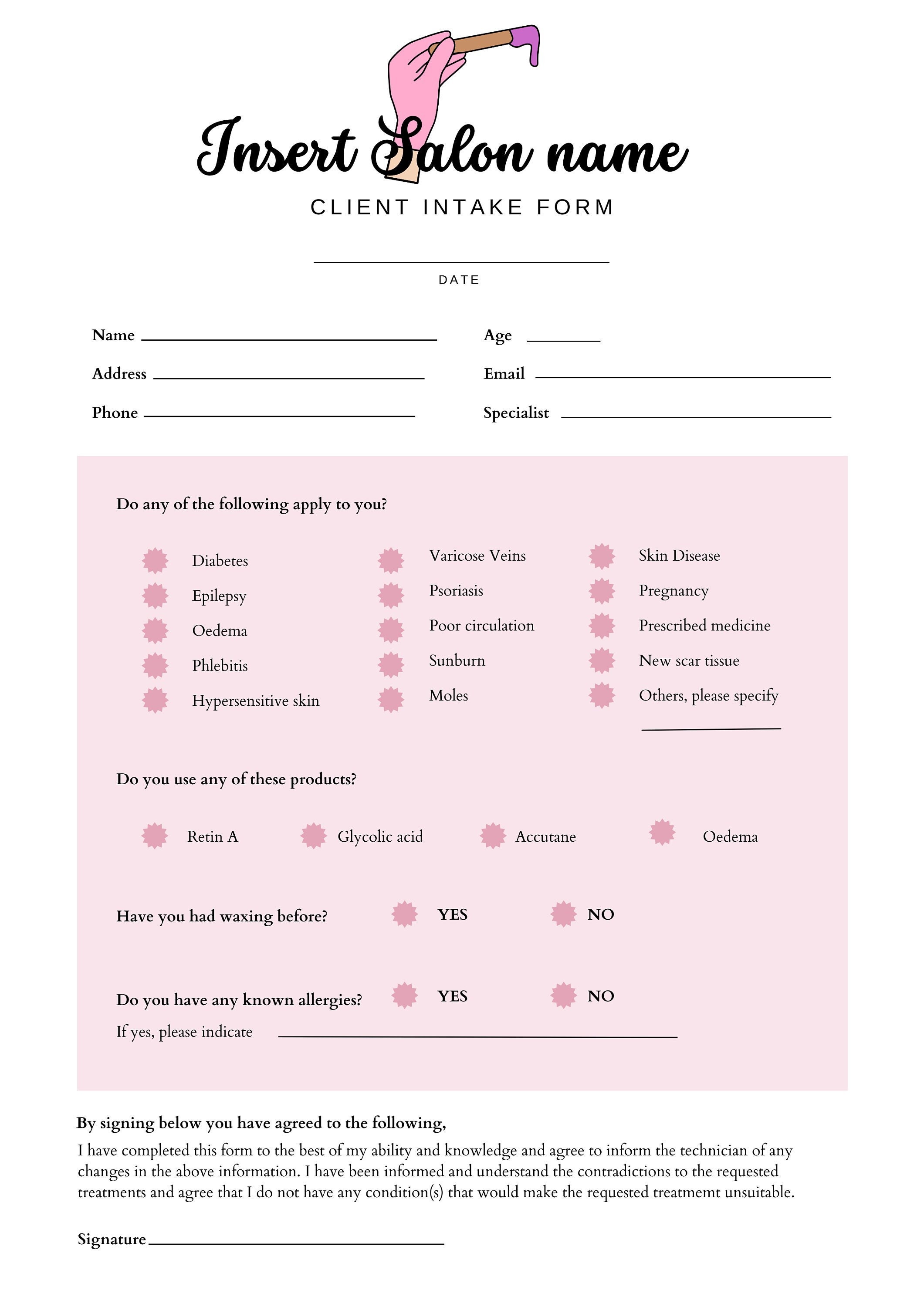 Waxing Intake Form (customizable) - Etsy