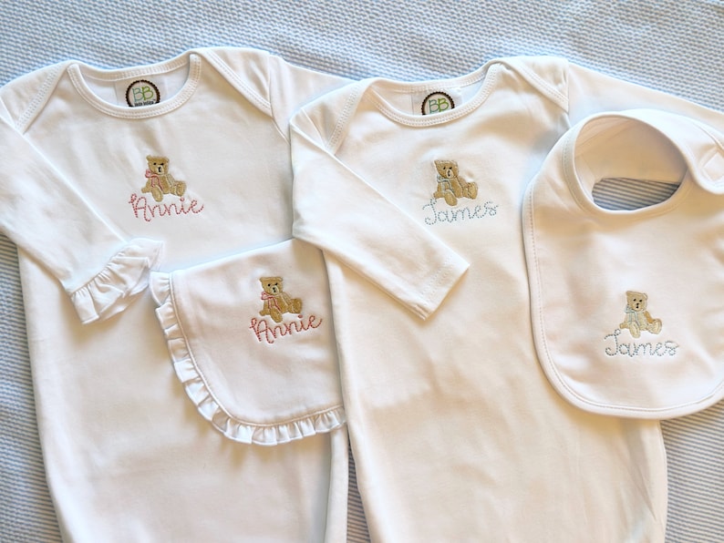 Infant Teddy Bear Gown. Baby Girl Gown. Baby Boy Gown. Baby Bib. Infant ...