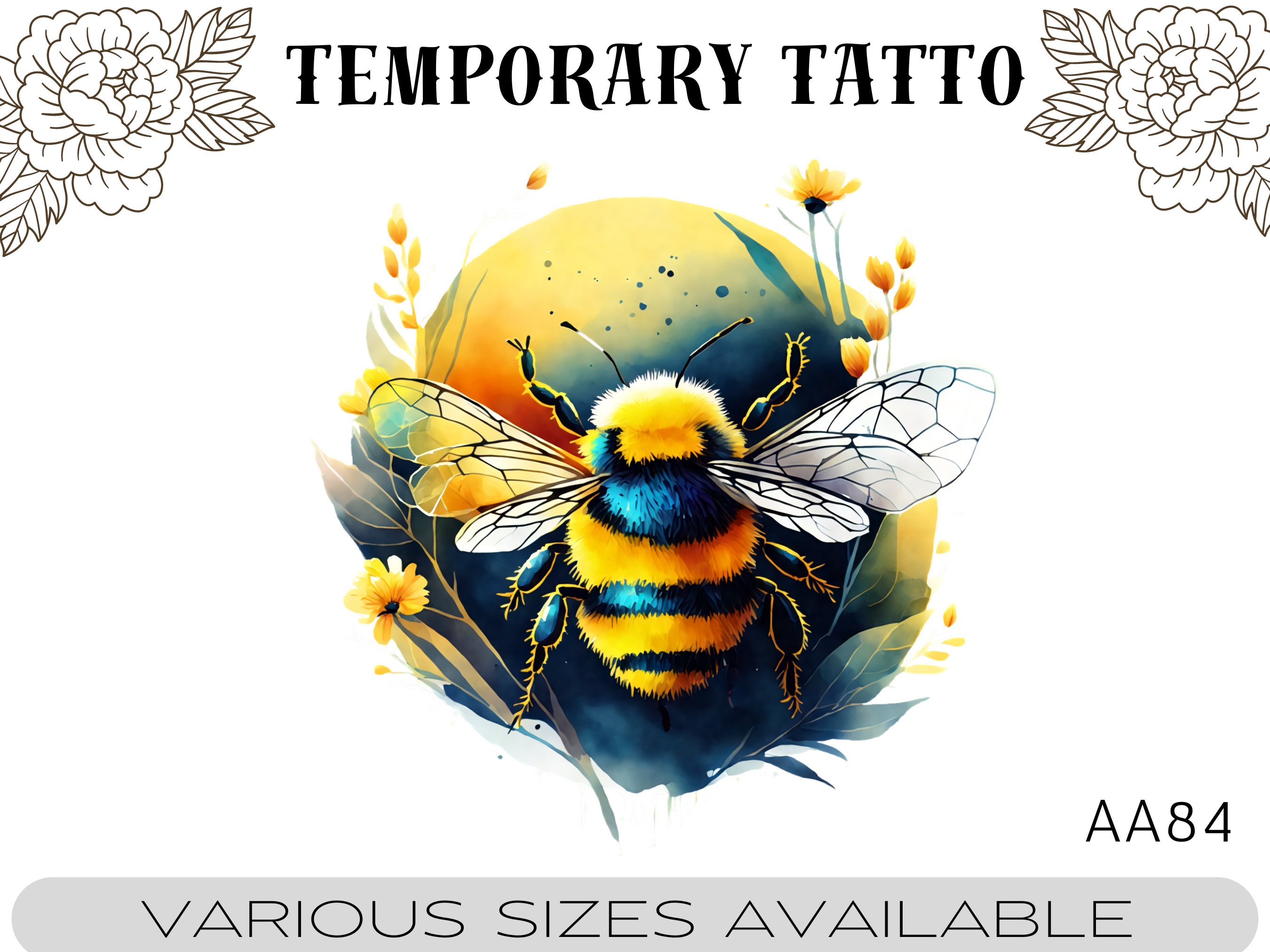 Temporary Tattoo Bumble Bee Flowers Bright Colors Waterproof Various ...
