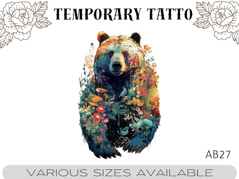 Temporary Tattoo Bear Grizzly Flowers Waterproof Various Sizes AB27 - Etsy