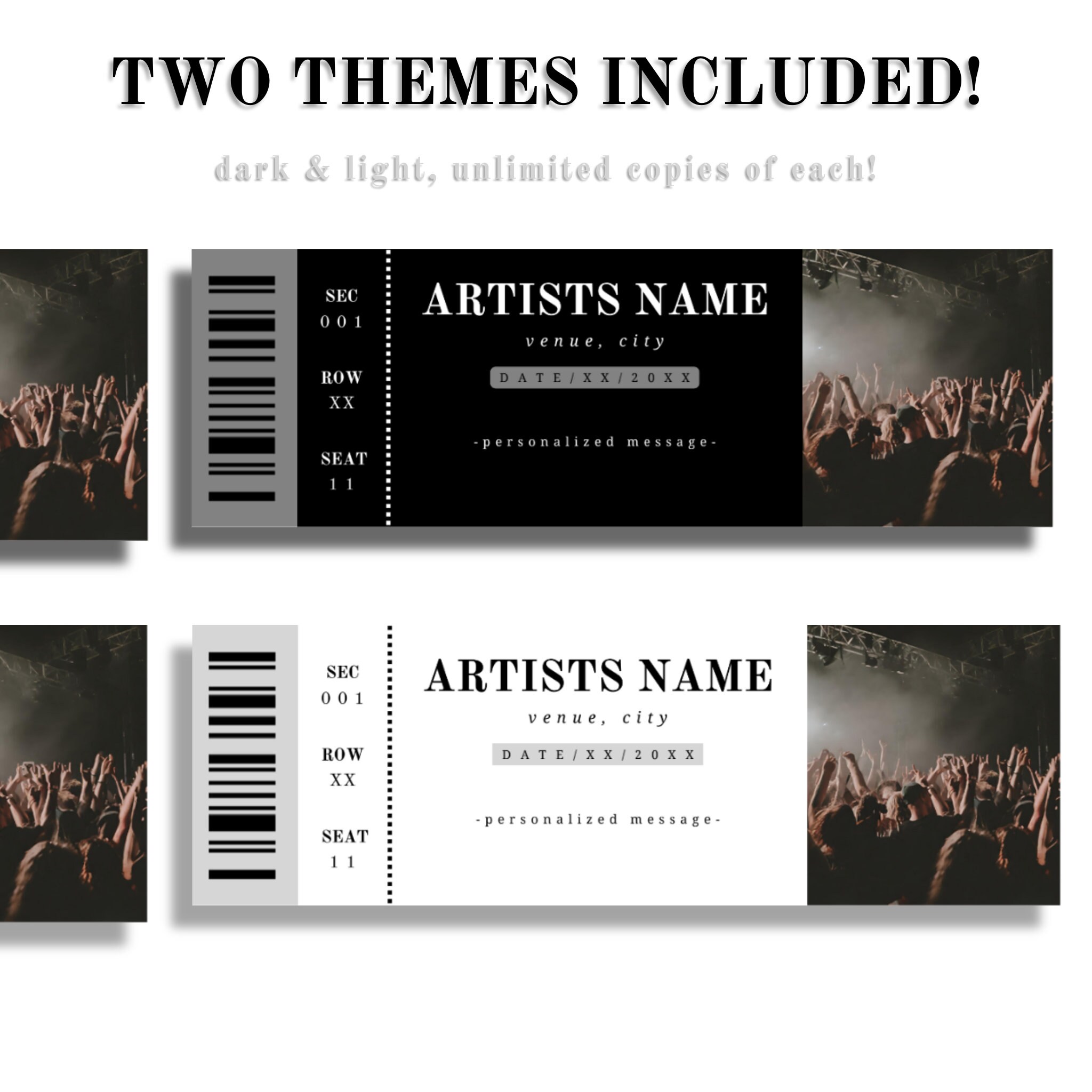 CONCERT TICKET TEMPLATE Editable, Instant Download, Custom, Light/dark ...
