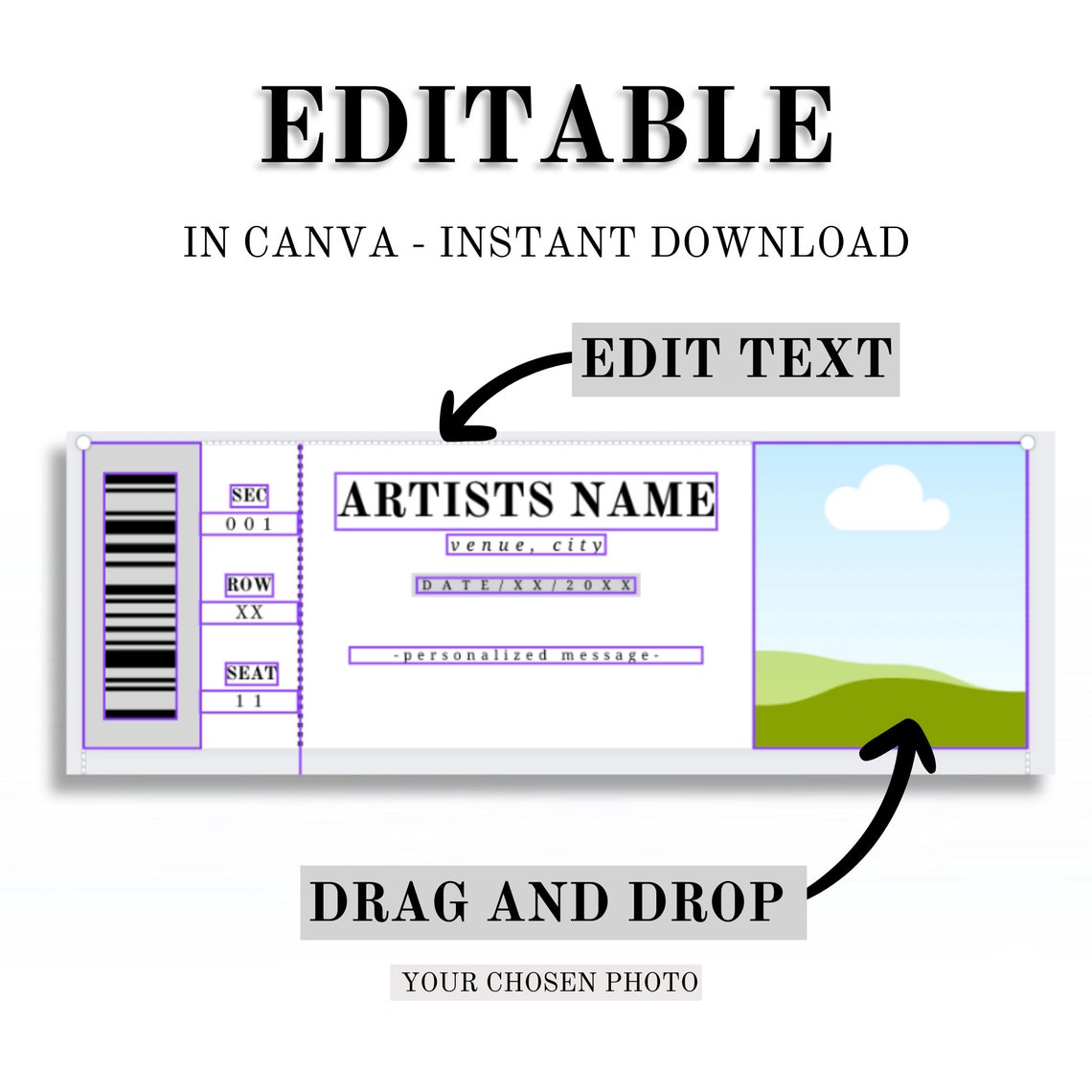 CONCERT TICKET TEMPLATE Editable, Instant Download, Custom, Light/dark ...