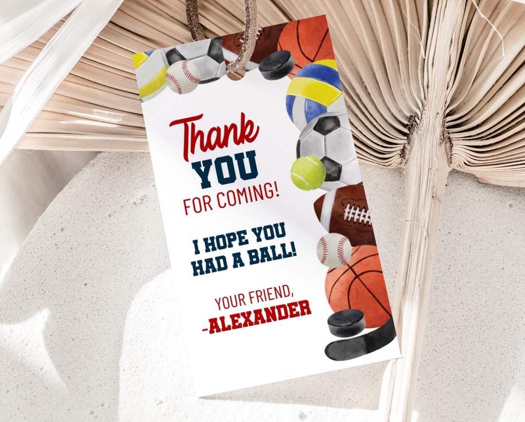 Sports Thank You Tag | Birthday Thank You Tag | Sports Favor Tag ...
