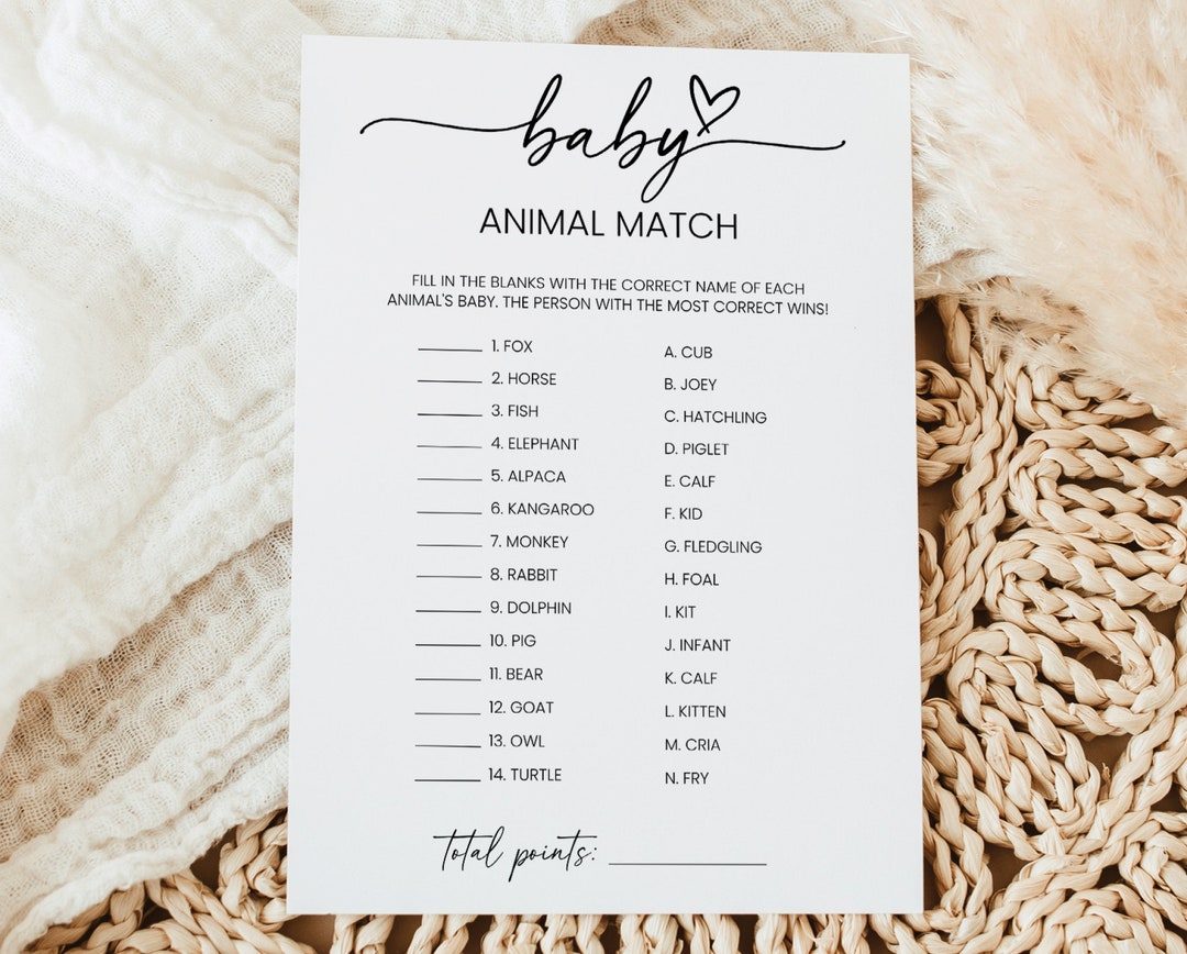 Baby Animal Match Game Baby Shower Game Minimalist Game Template Baby ...