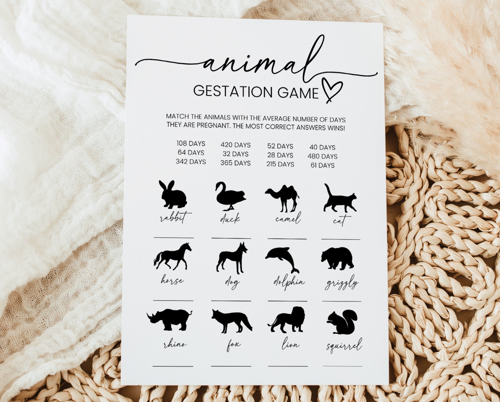 Animal Gestation Game Animal Pregnancy Baby Shower Game Minimalist Game ...