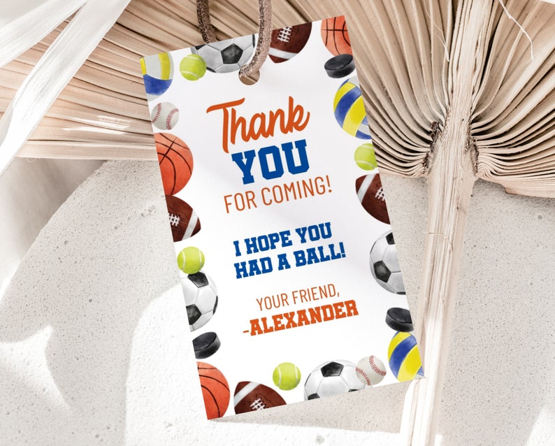 Sports Thank You Tag | Birthday Thank You Tag | Sports Favor Tag ...