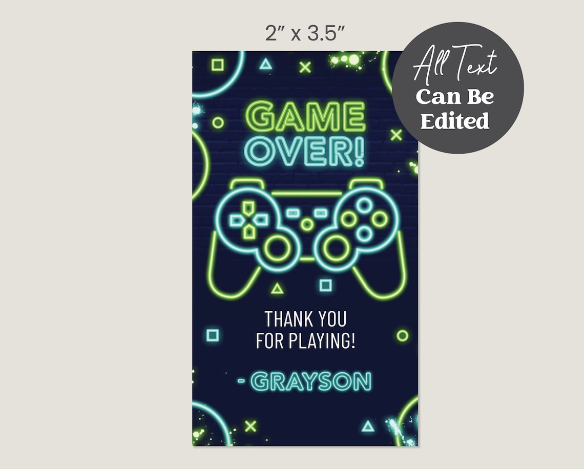 Video Game Thank You Tag | Birthday Thank You Tag | Glow Gamer Favor ...